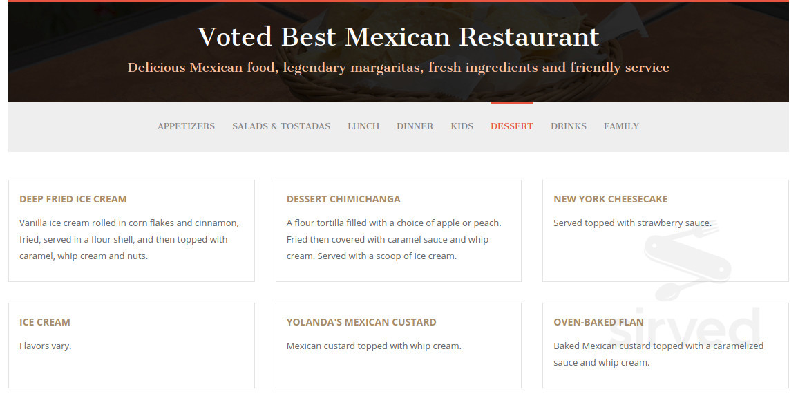 Menu for Yolanda's Mexican Cafe - Oxnard, CA | Sirved