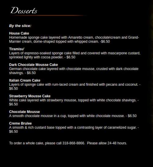 Chianti menu in Shreveport, Louisiana, USA