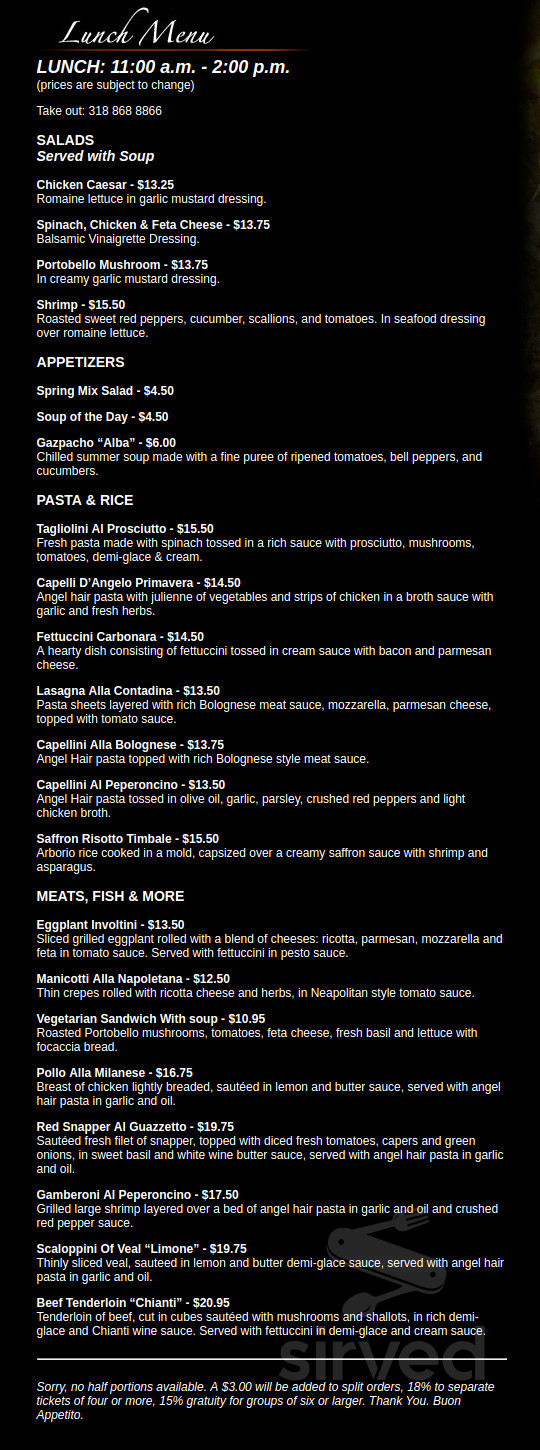 Menu for Chianti in Shreveport, LA | Sirved