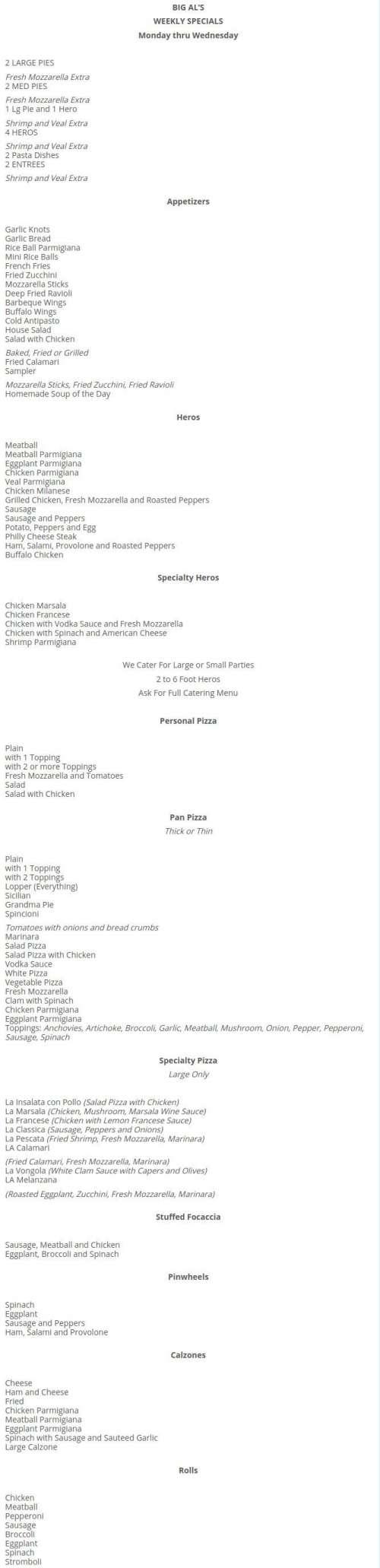 Big Al's Pizza menu in Staten Island, New York, USA