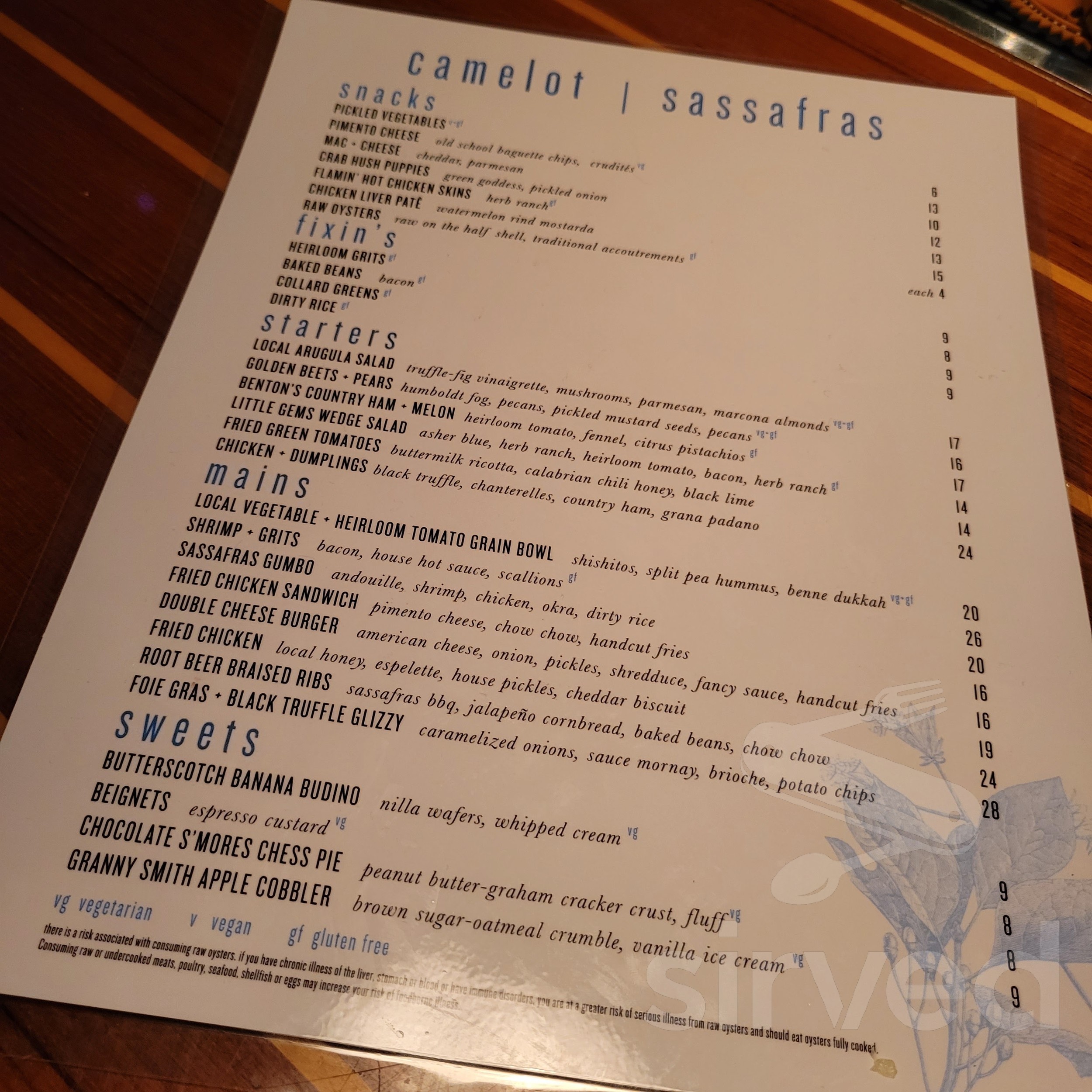 Camelot menu in West Palm Beach, Florida, USA
