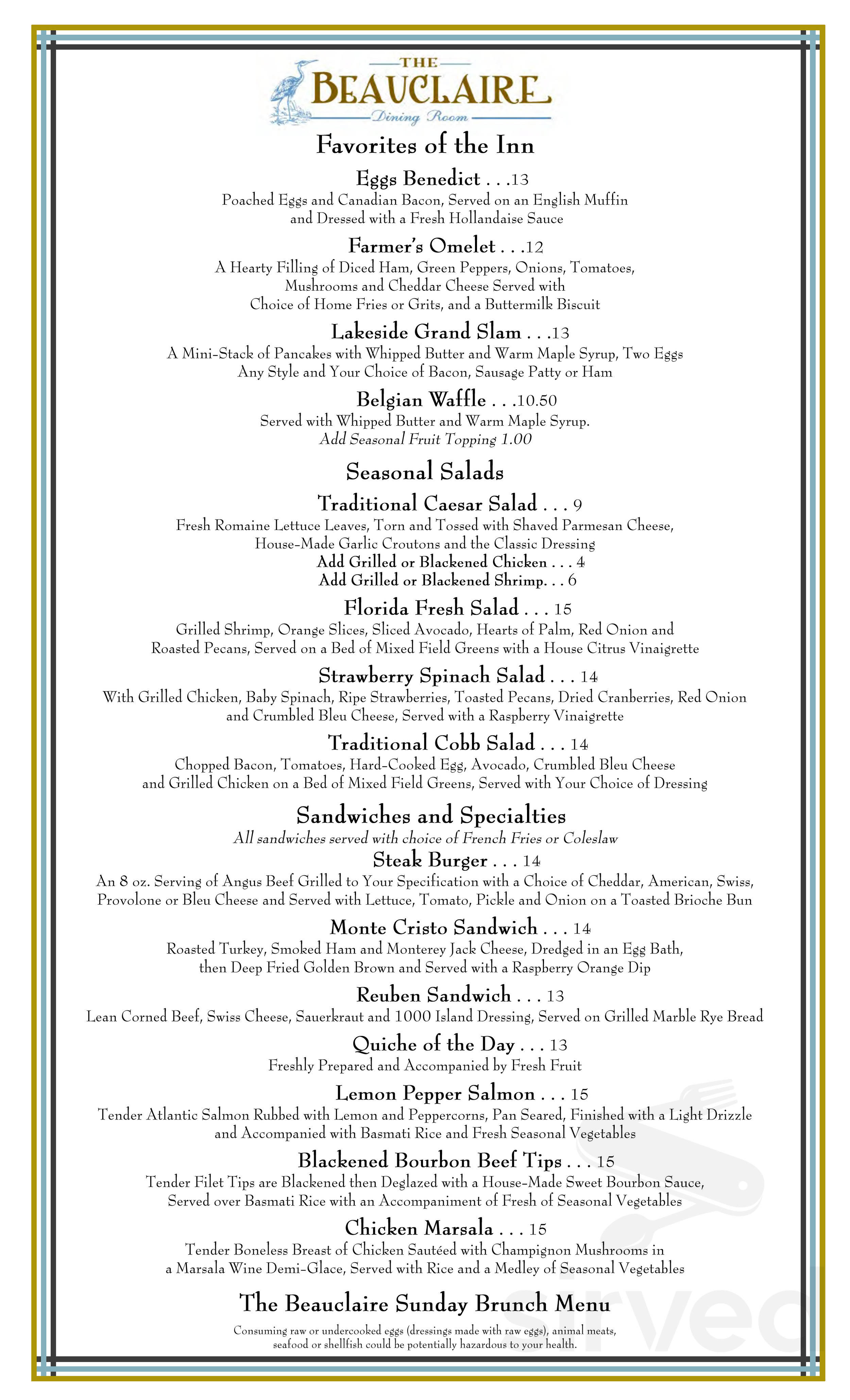 The Beauclaire menu in Mt Dora, Florida, USA