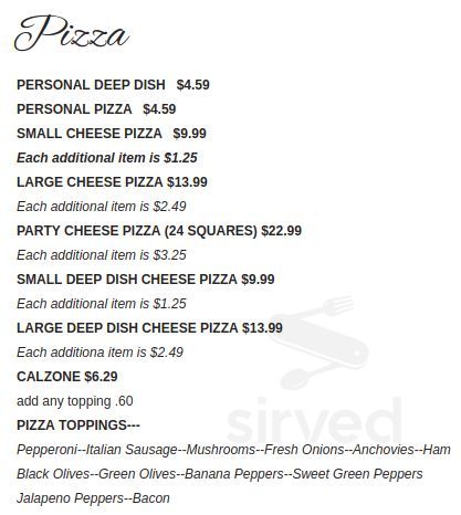 Menu for Main Street Pizza & Cafe in Springville, NY | Sirved