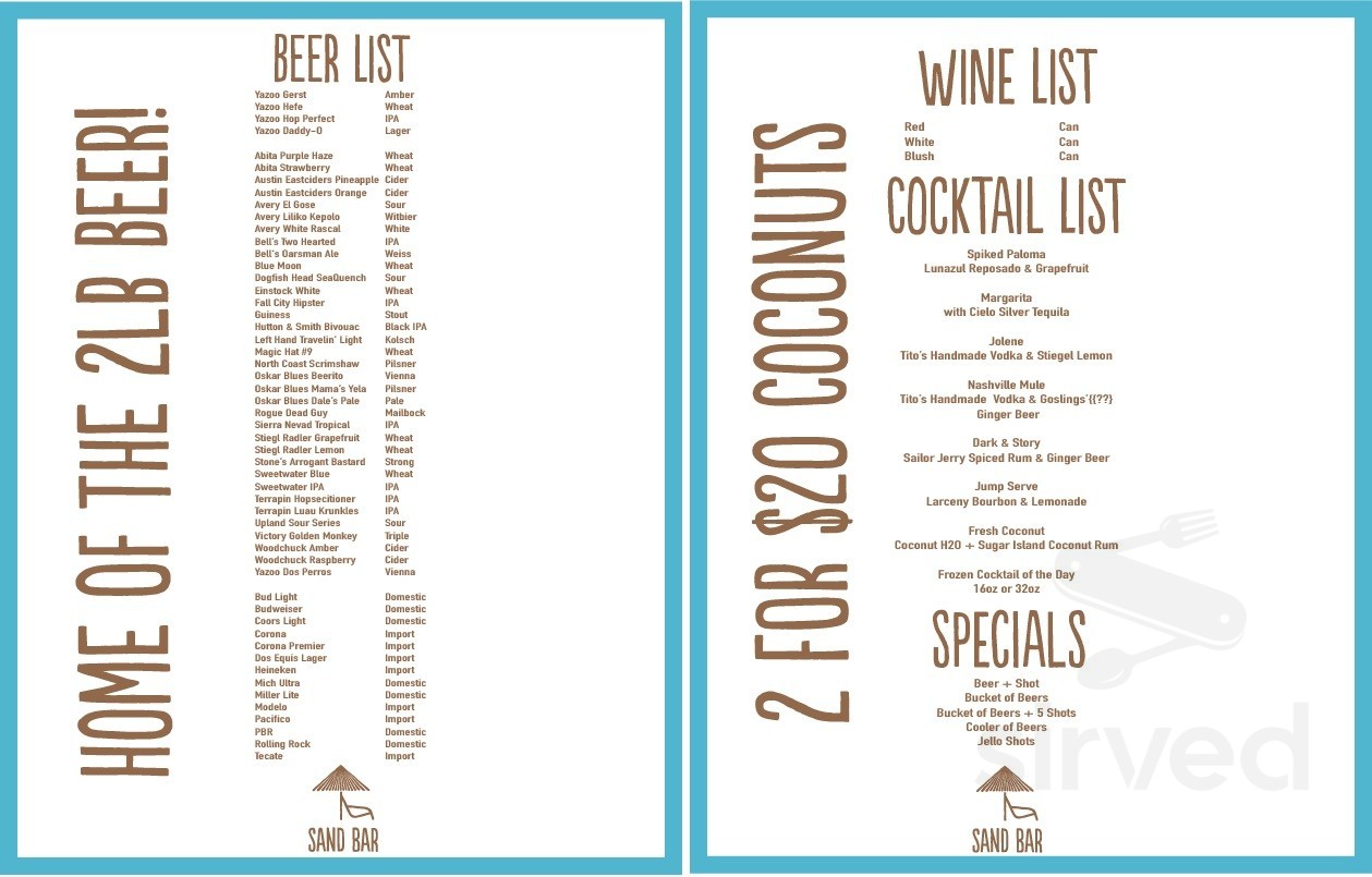 SandBar Nashville menu in Nashville, Tennessee, USA