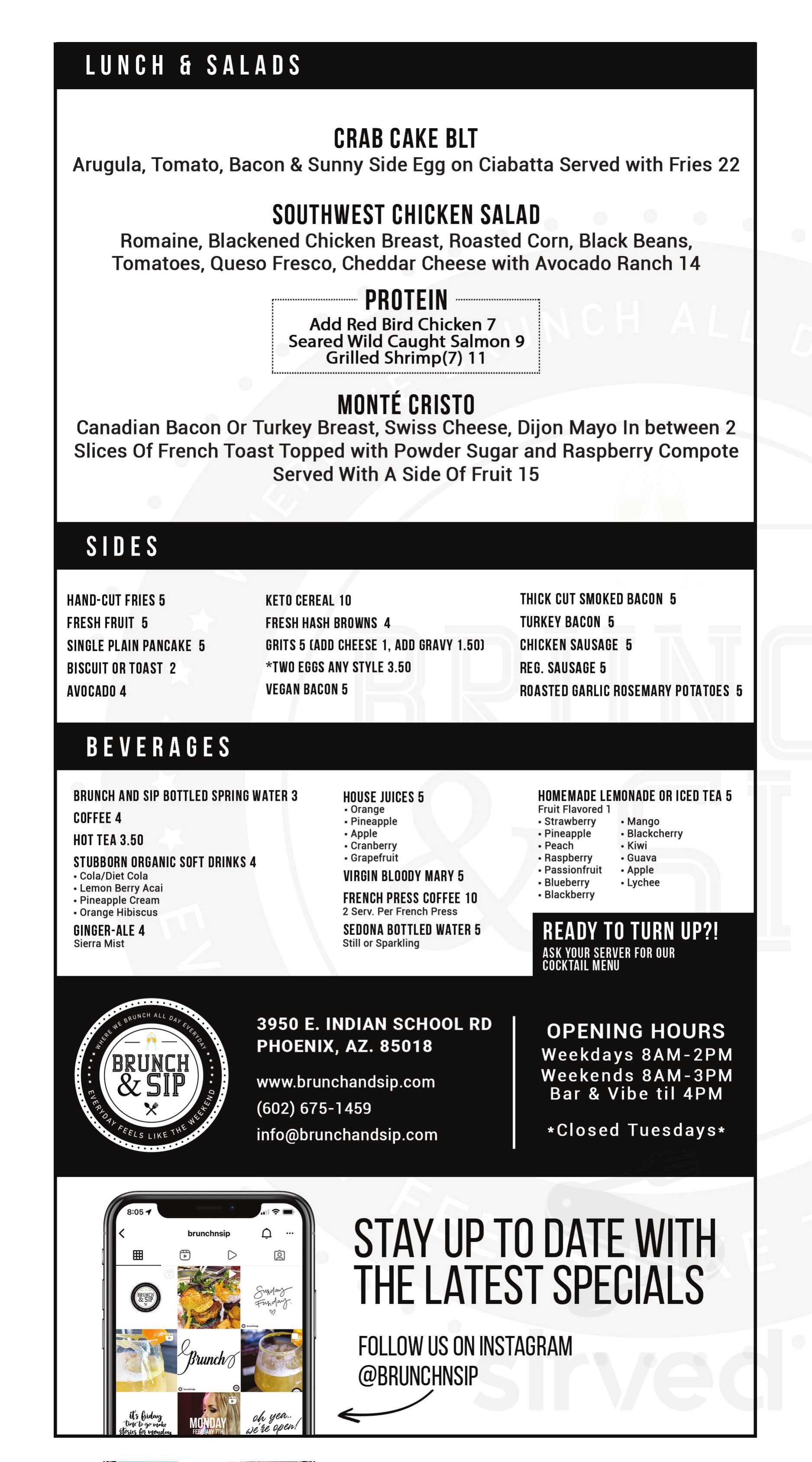 Brunch & Sip menu in Phoenix, Arizona, USA