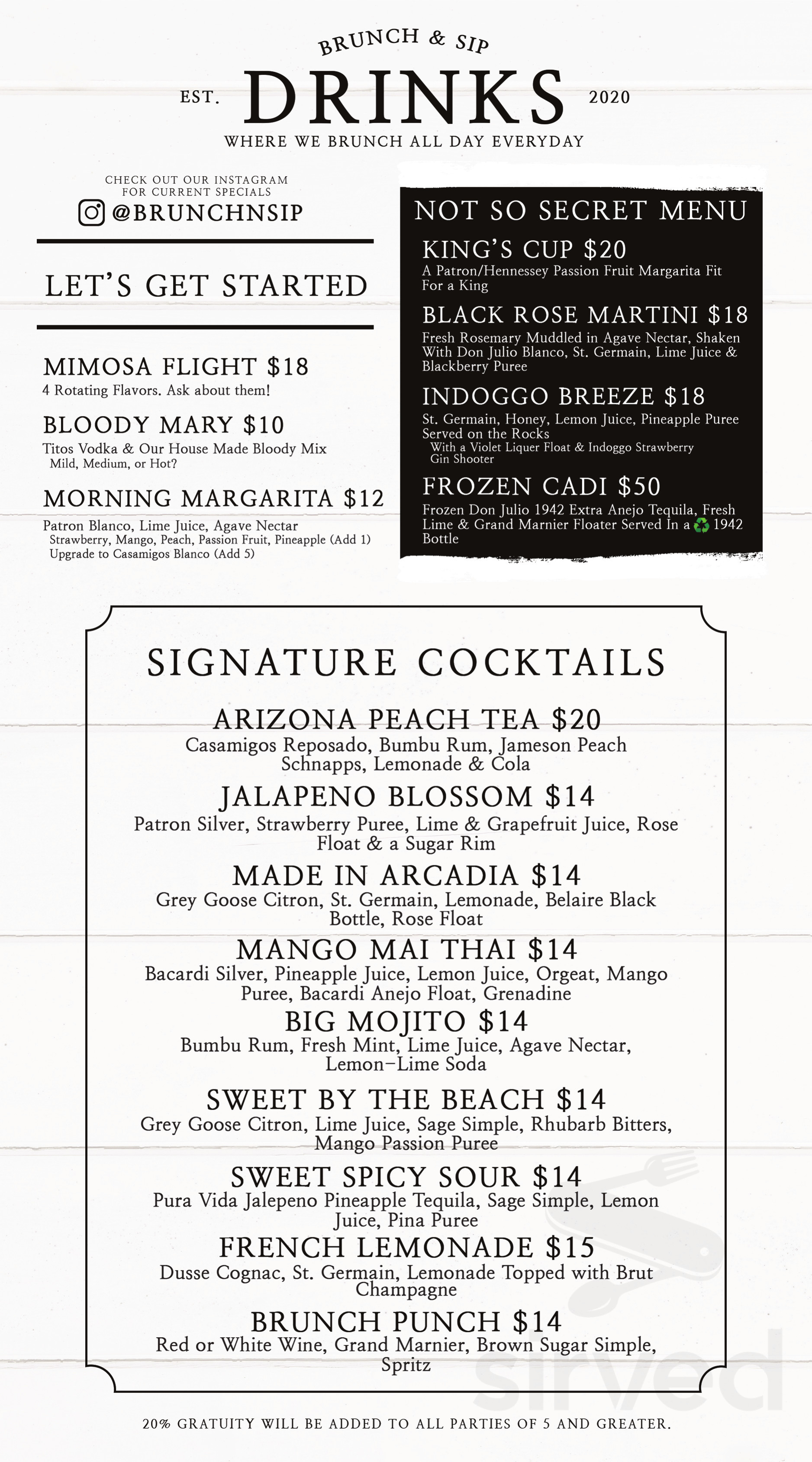 Brunch & Sip menu in Phoenix, Arizona, USA