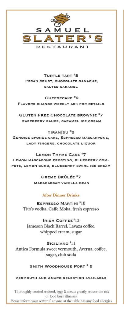 Samuel Slater's Restaurant menu in Webster, Massachusetts, USA