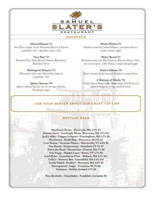 Samuel Slater's Restaurant menu in Webster, Massachusetts, USA