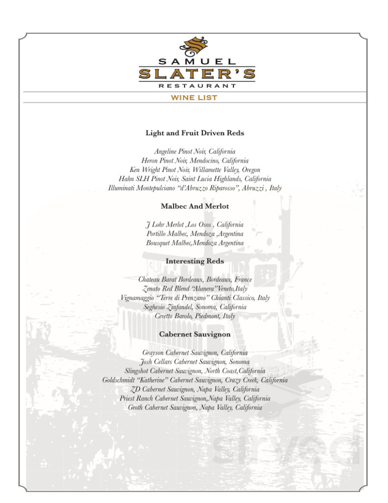 Samuel Slater's Restaurant menus in Webster, Massachusetts, United States