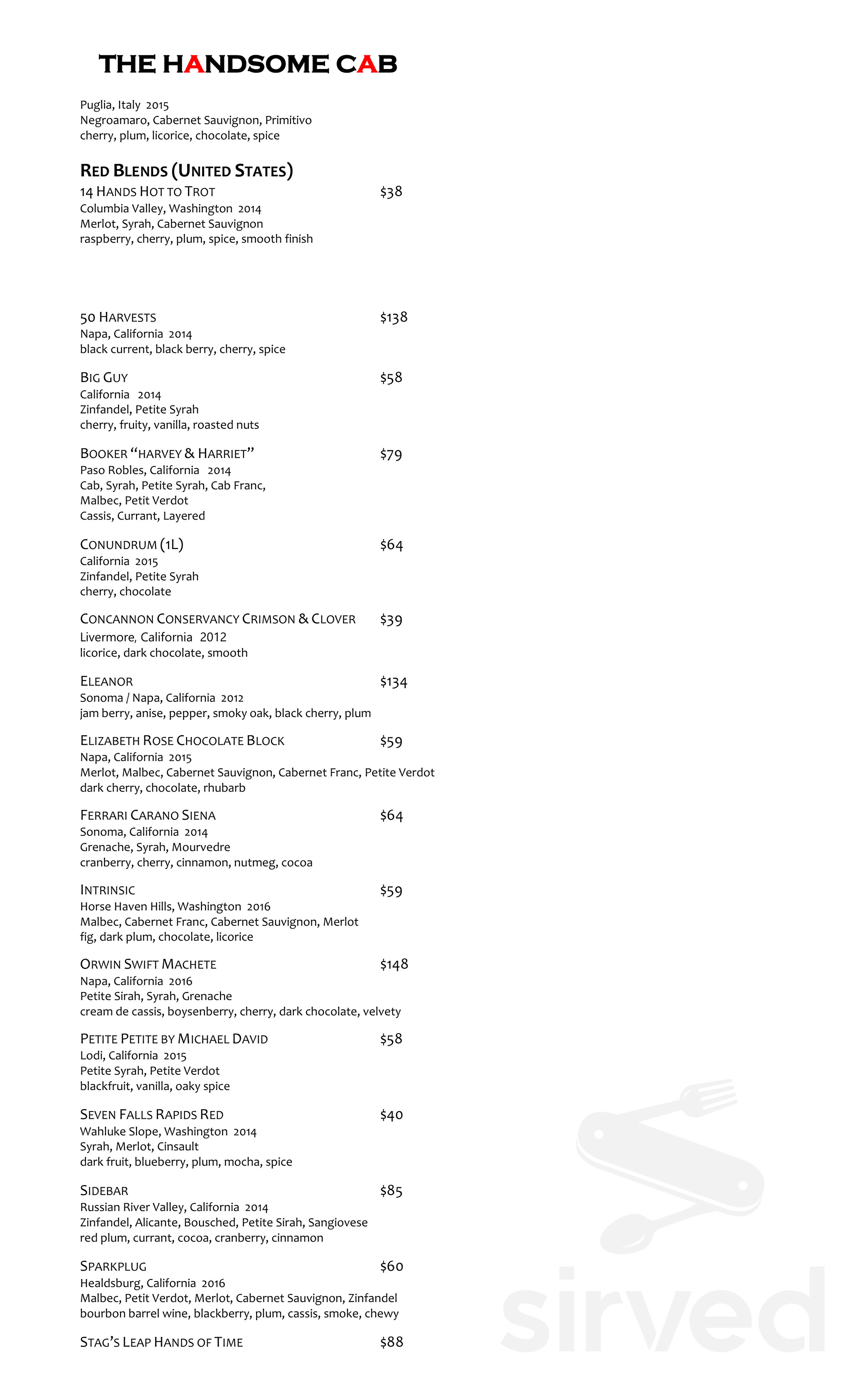 The Handsome Cab menu in York, Pennsylvania, USA