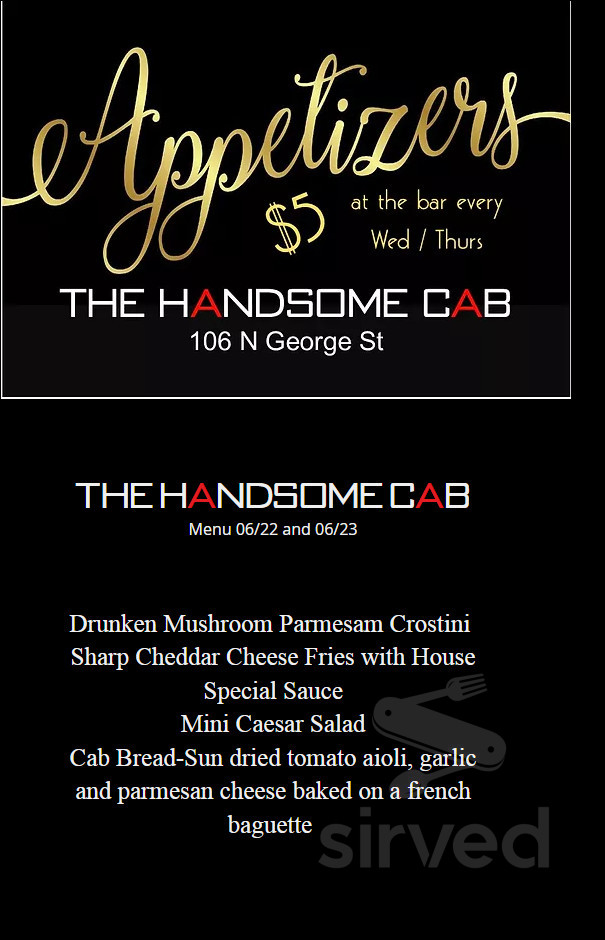 The Handsome Cab menu in York, Pennsylvania, USA