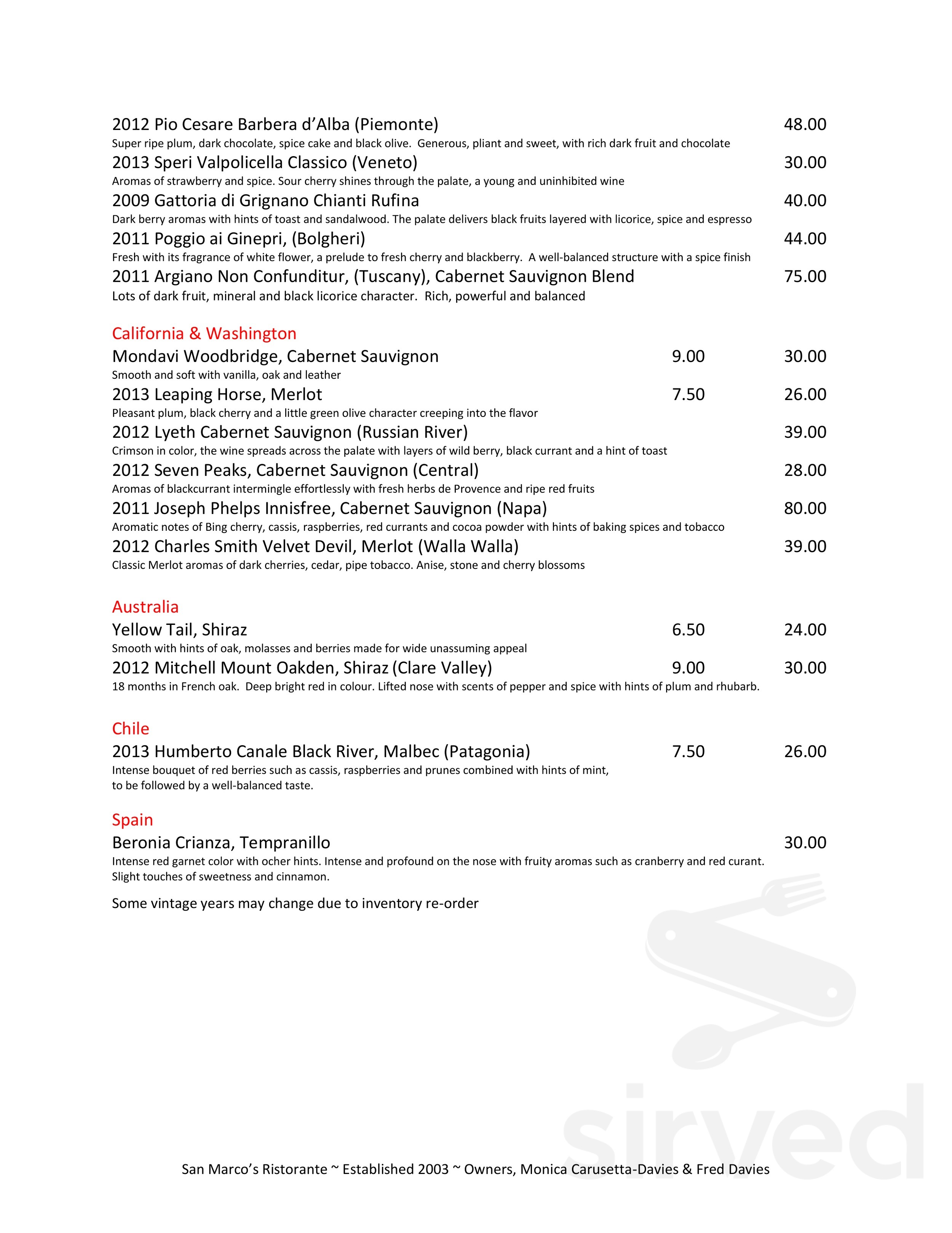 San Marco's Ristorante menus in Port Colborne, Ontario, Canada