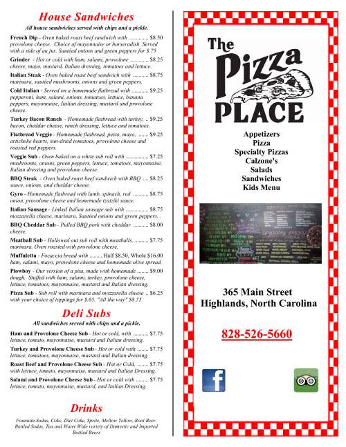 Highlands Pizza Place menu in Highlands, North Carolina, USA