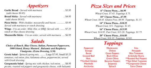 Menu for Highlands Pizza Place in Highlands, NC | Sirved