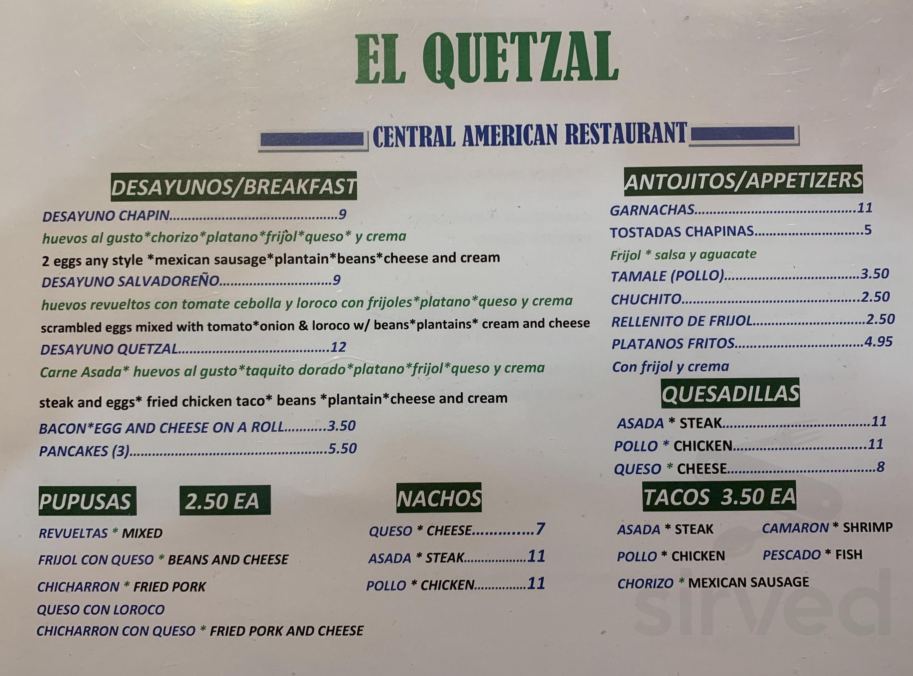 El Quetzal Restaurant menu in Mamaroneck, New York, USA