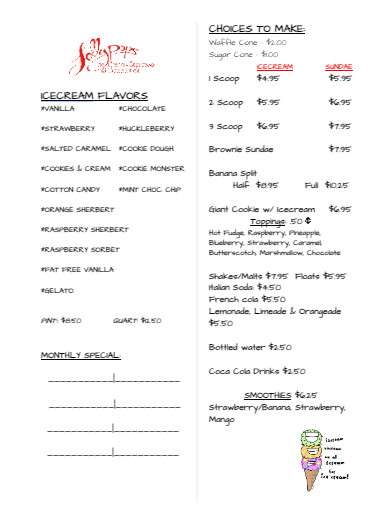 Lollypops menu in Saratoga, Wyoming, USA