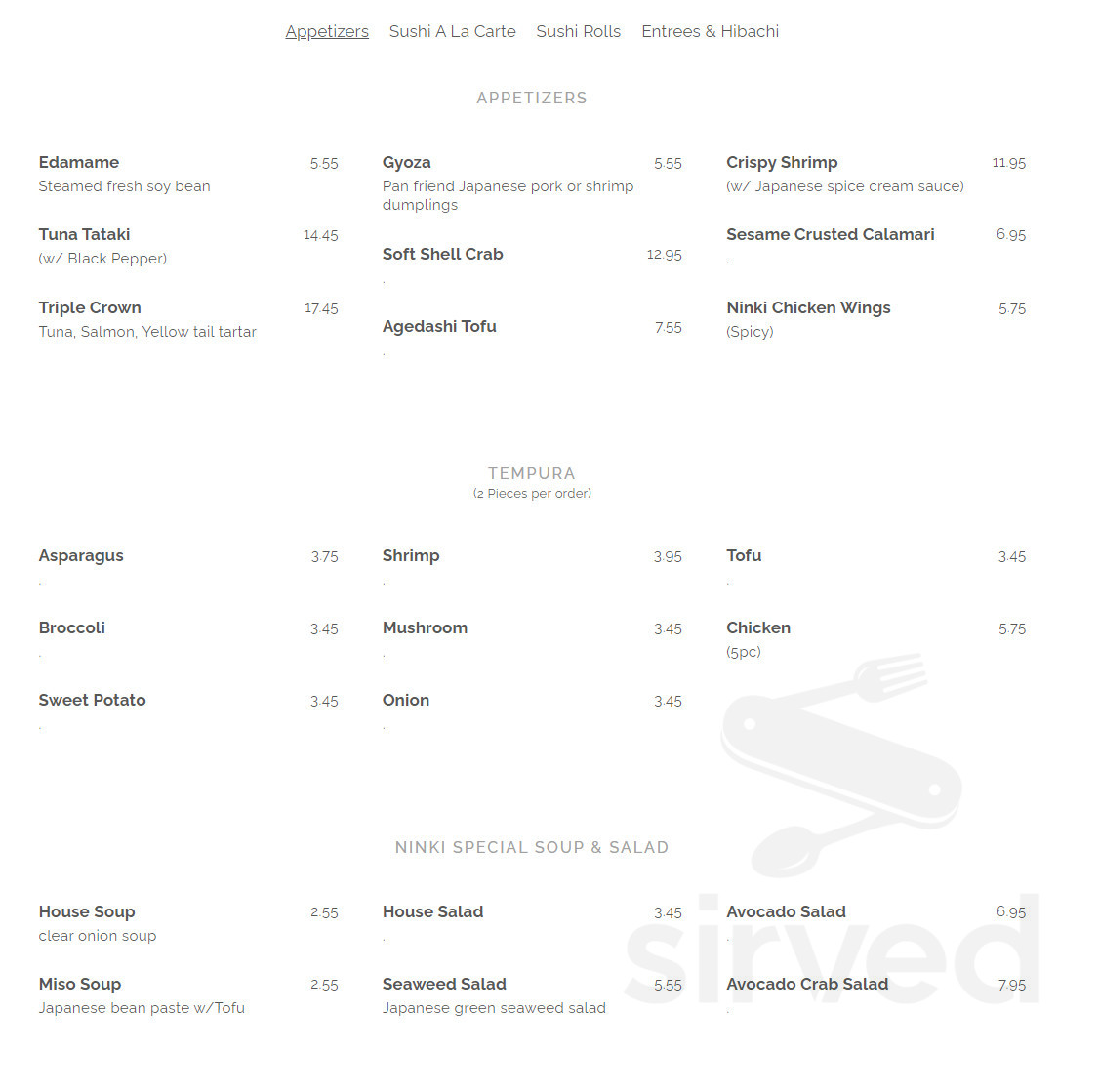 Ninki menu in Nashville, Tennessee, USA