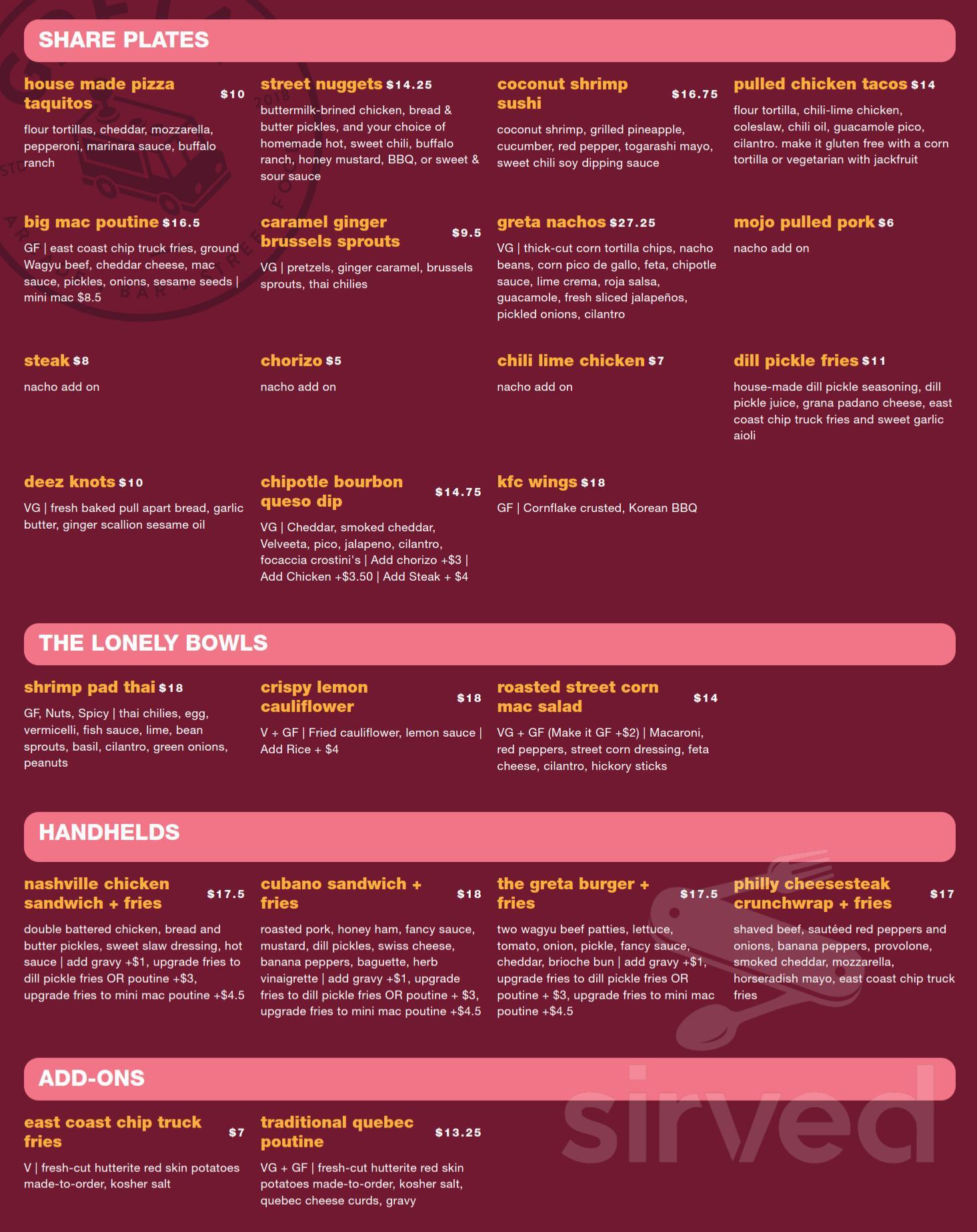 GRETA Bar YEG menu in Edmonton, Alberta, Canada