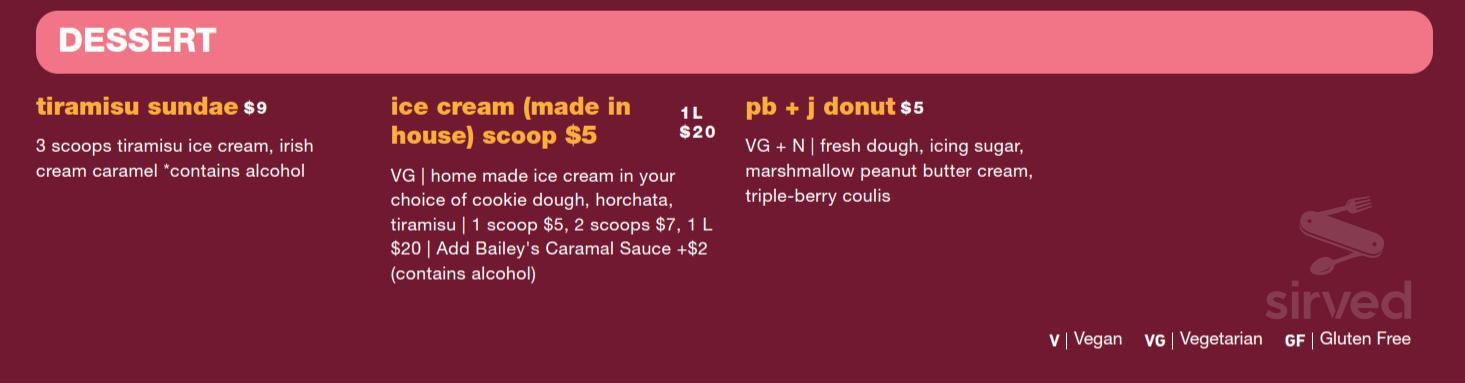 GRETA Bar YEG menu in Edmonton, Alberta, Canada