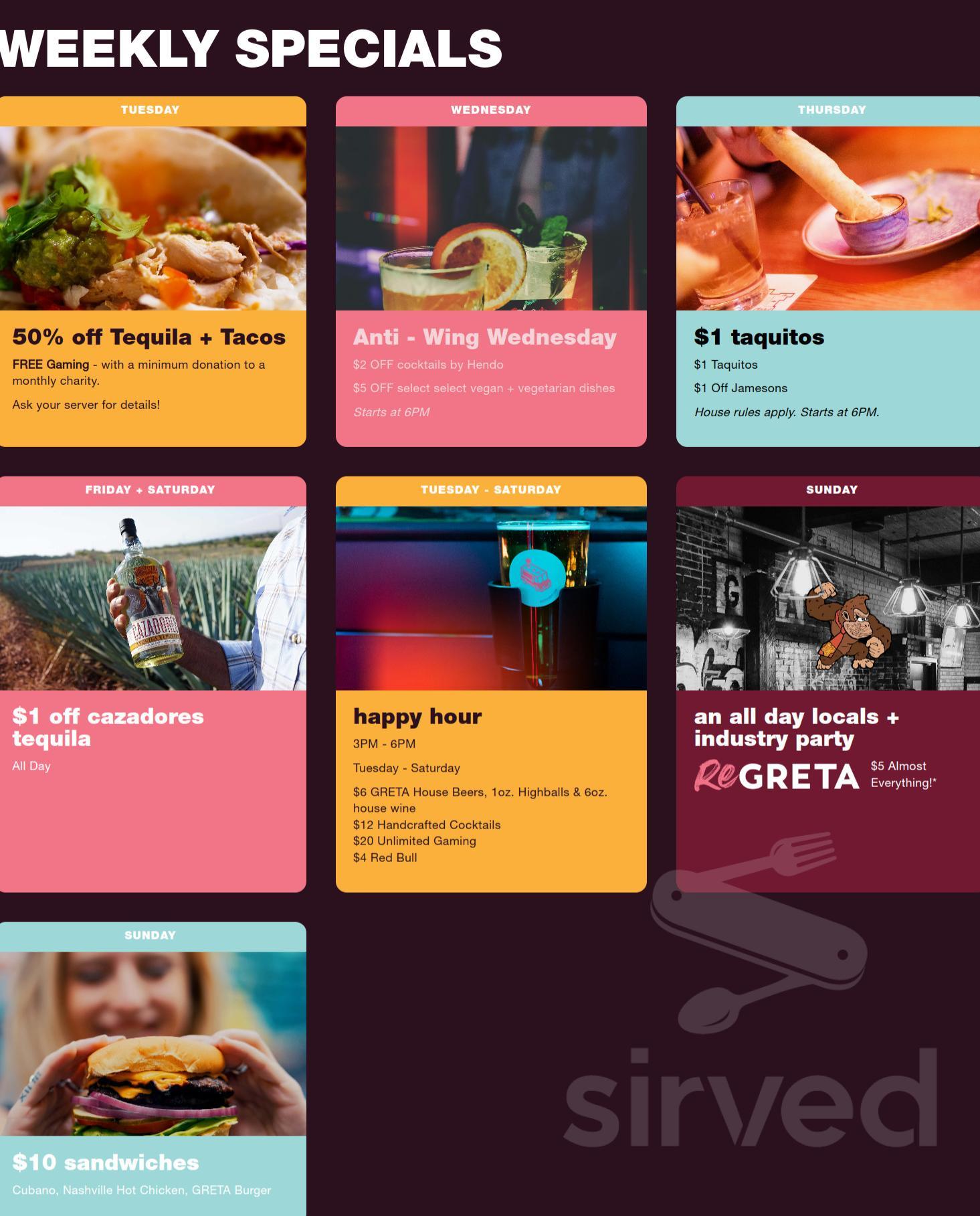 GRETA Bar YEG menu in Edmonton, Alberta, Canada