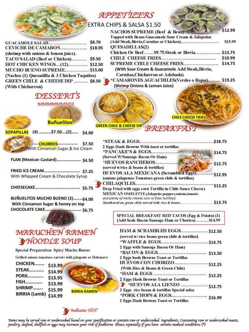 Mucho Bueno Mexican Restaurant menu in Thornton, Colorado, USA
