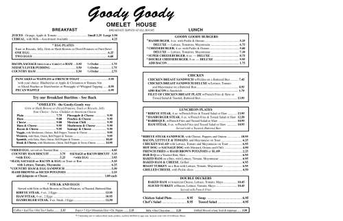Goody Goody Omelet House menu in Wilmington, North Carolina, USA