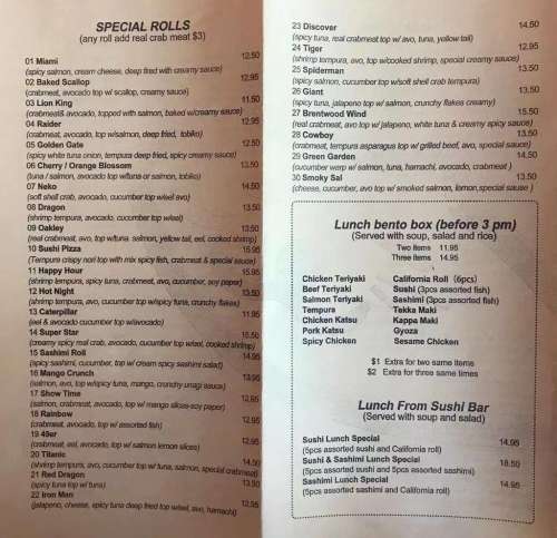 Neko Sushi menu in Brentwood, California, USA