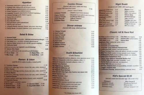 Neko Sushi menu in Brentwood, California, USA