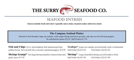 Menu for The Surry Seafood Co. in Surry, VA | Sirved