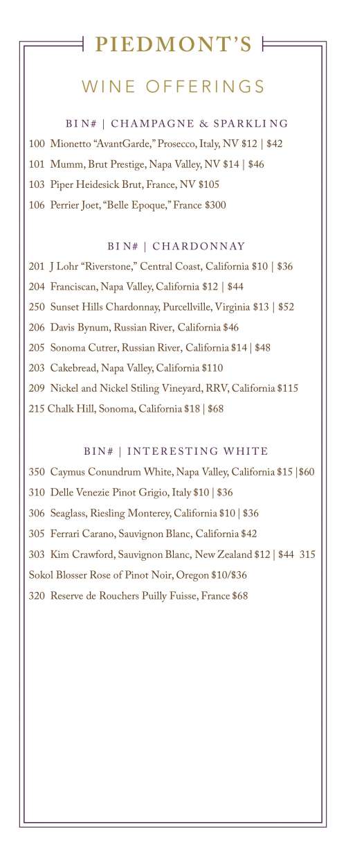 Piedmont's menu in Leesburg, Virginia, USA