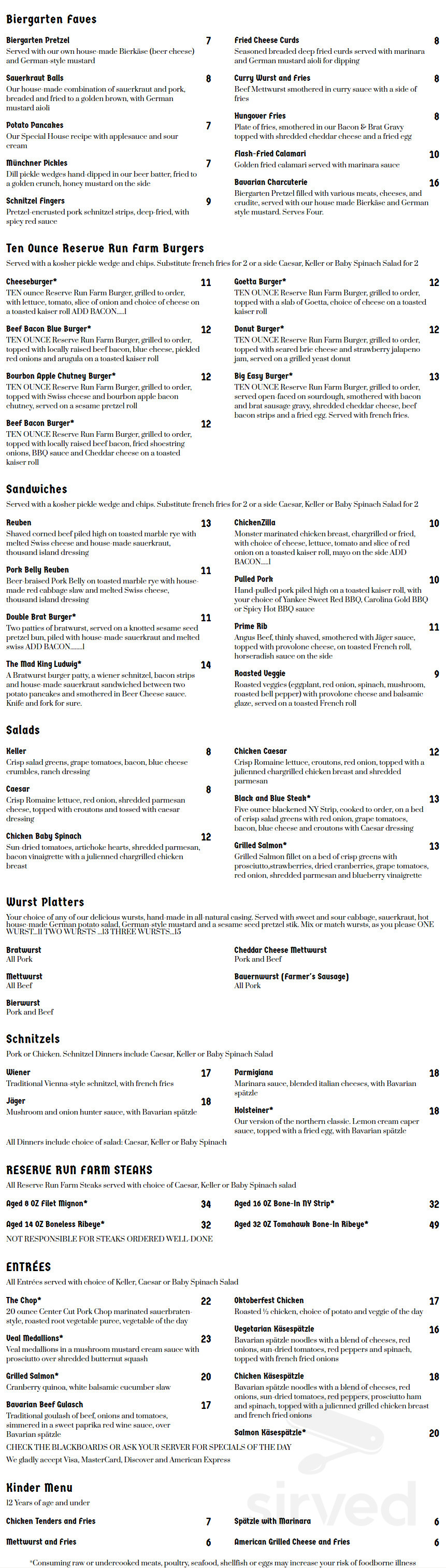 Steinkeller menu in Oxford, Ohio, USA