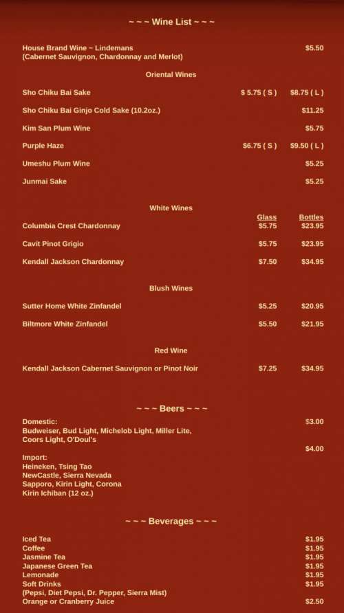 A-Tan menu in Memphis, Tennessee, USA