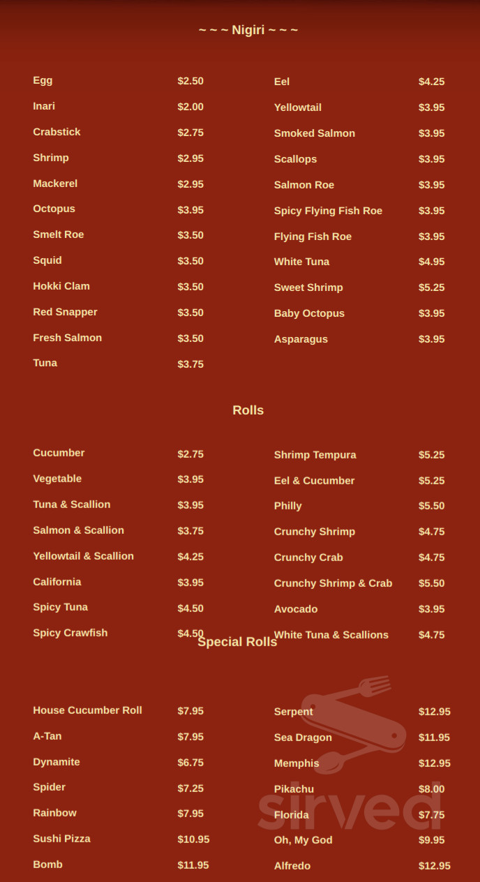 A-Tan menu in Memphis, Tennessee, USA