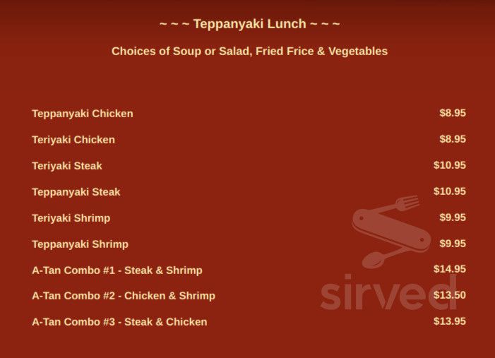 A-Tan menu in Memphis, Tennessee, USA