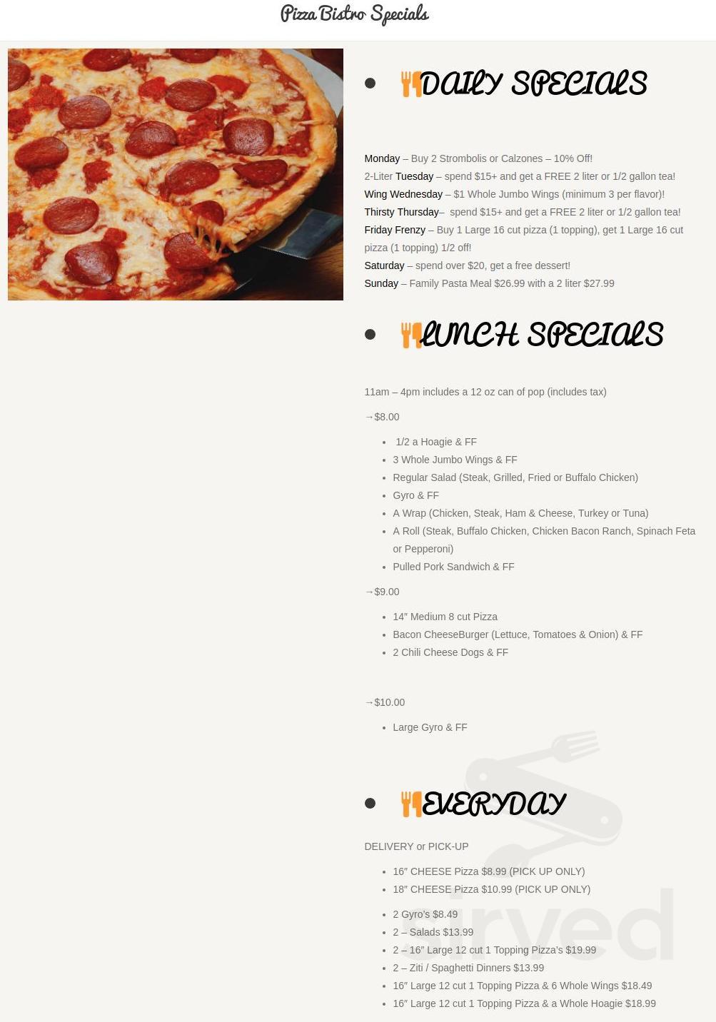 Pizza Bistro menu in West Mifflin, Pennsylvania, USA