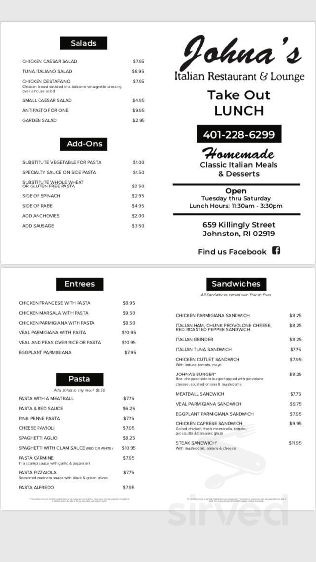 Johna's ITALIAN Restaurant Menu - Johnston, Rhode Island | Sirved