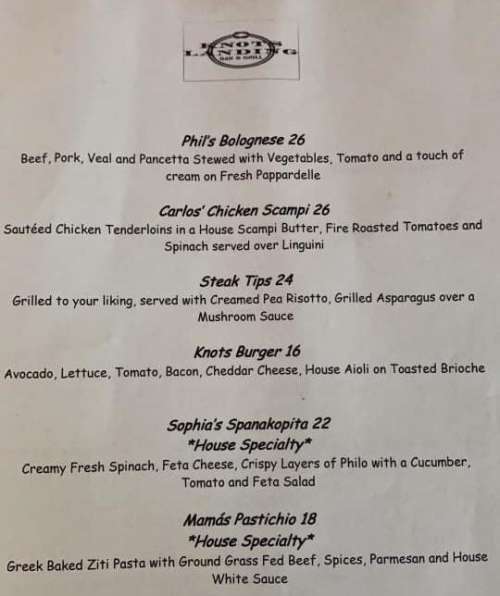 Knots Landing Bar & Grill menu in Chatham, Massachusetts, USA