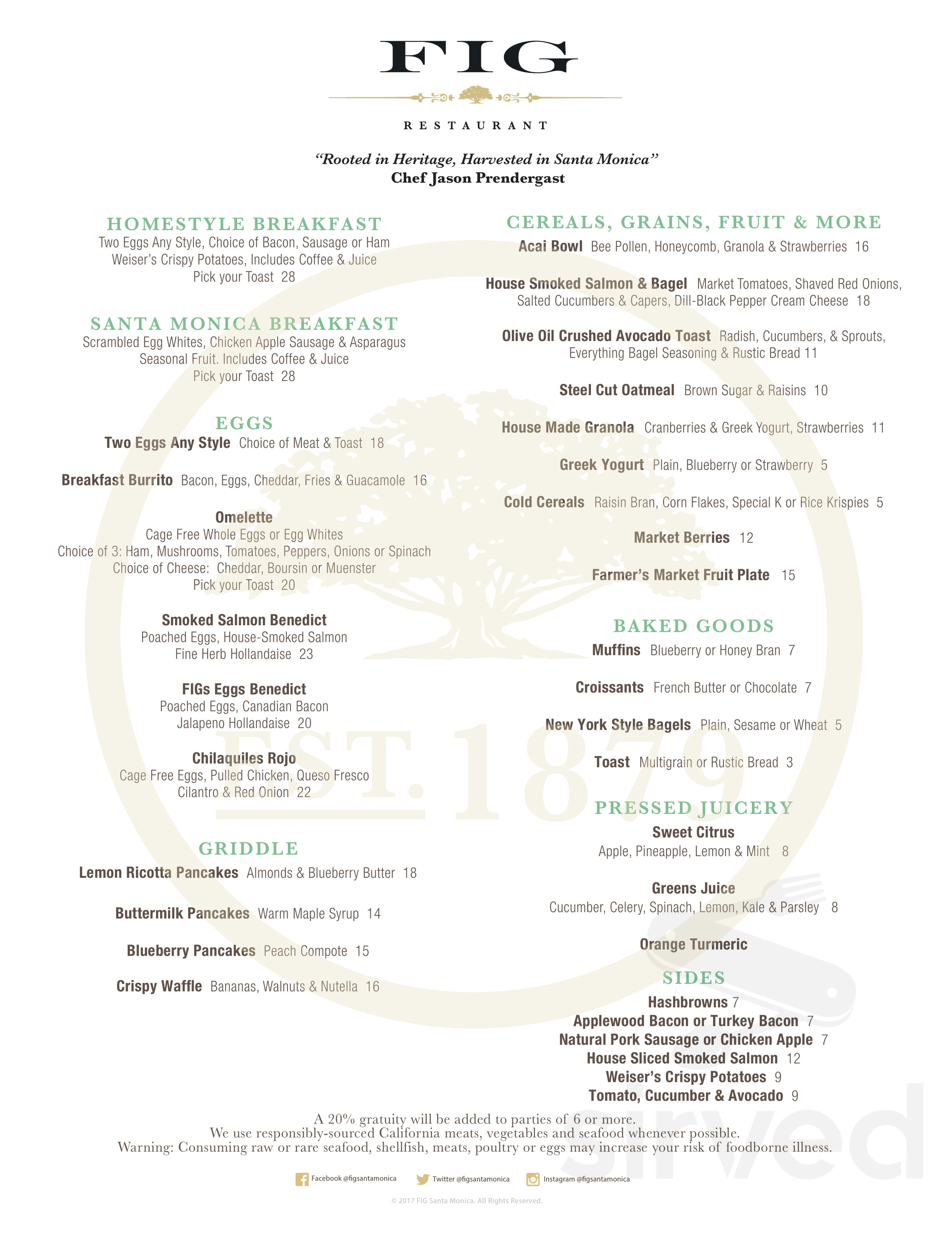 Menu - Santa Monica CA's FIG | Sirved