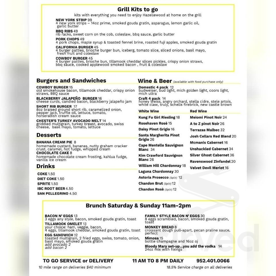 Menu for Hazelwood Food and Drink- Tonka Bay in Excelsior, MN | Sirved