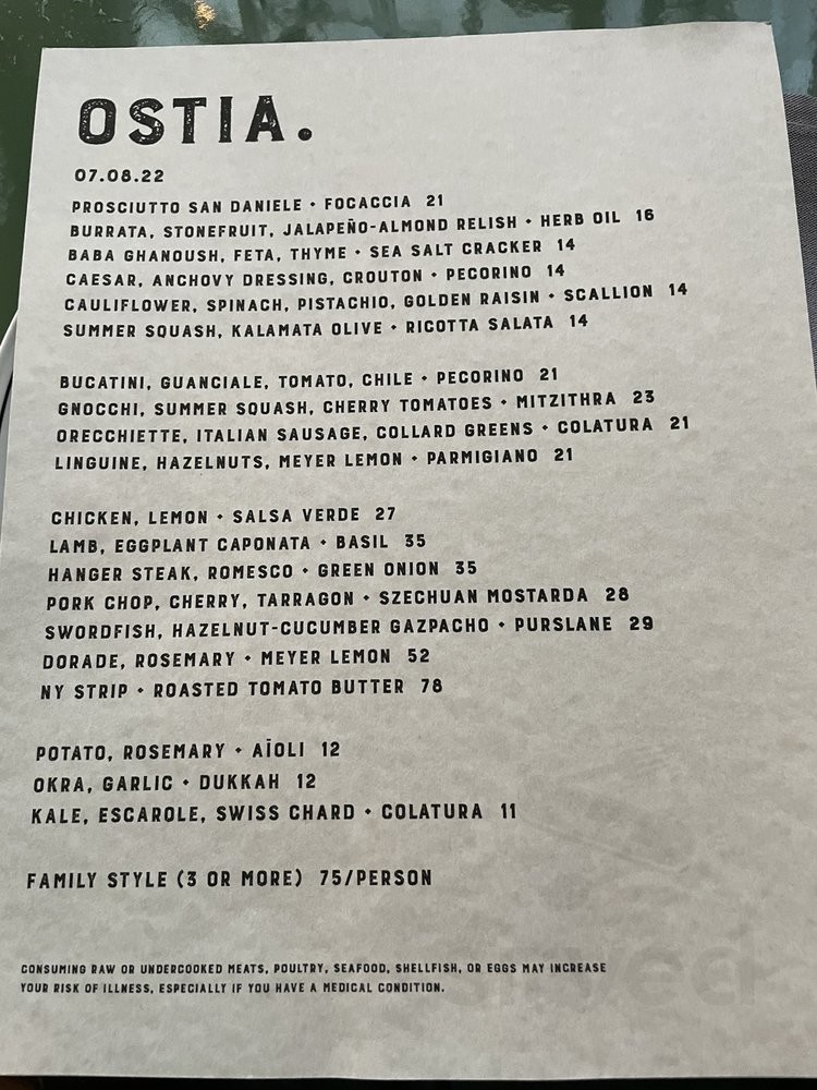 Ostia menus in Houston, Texas, United States