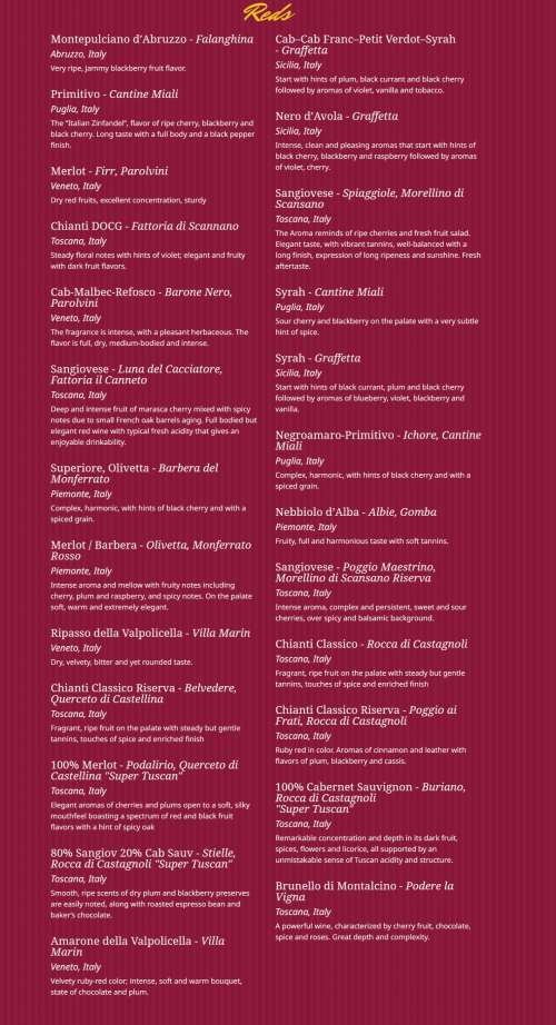 Nino's Cucina Italiana menu in Greenville, North Carolina, USA