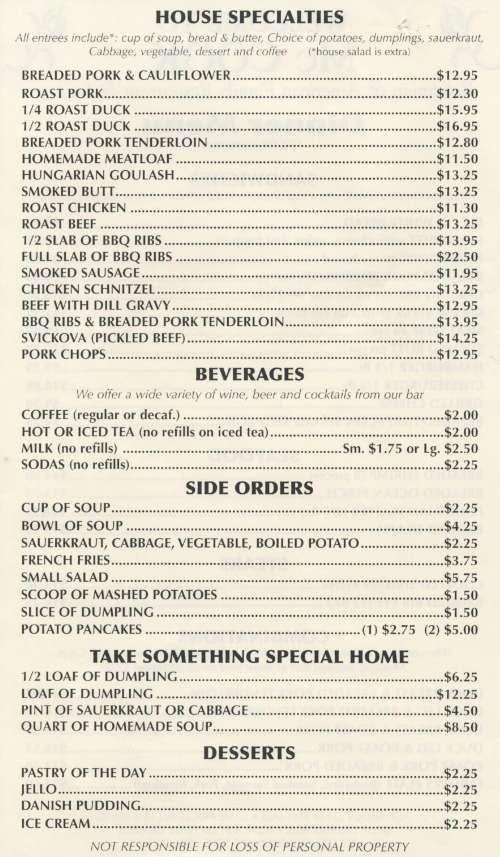 McCook Bohemian Restaurant & Lounge menu in McCook, Illinois, USA