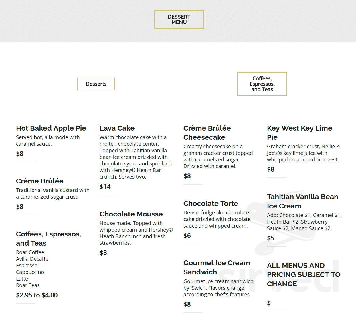 Yellowfin Steak & Fish House menu in Edgewater, Maryland, USA