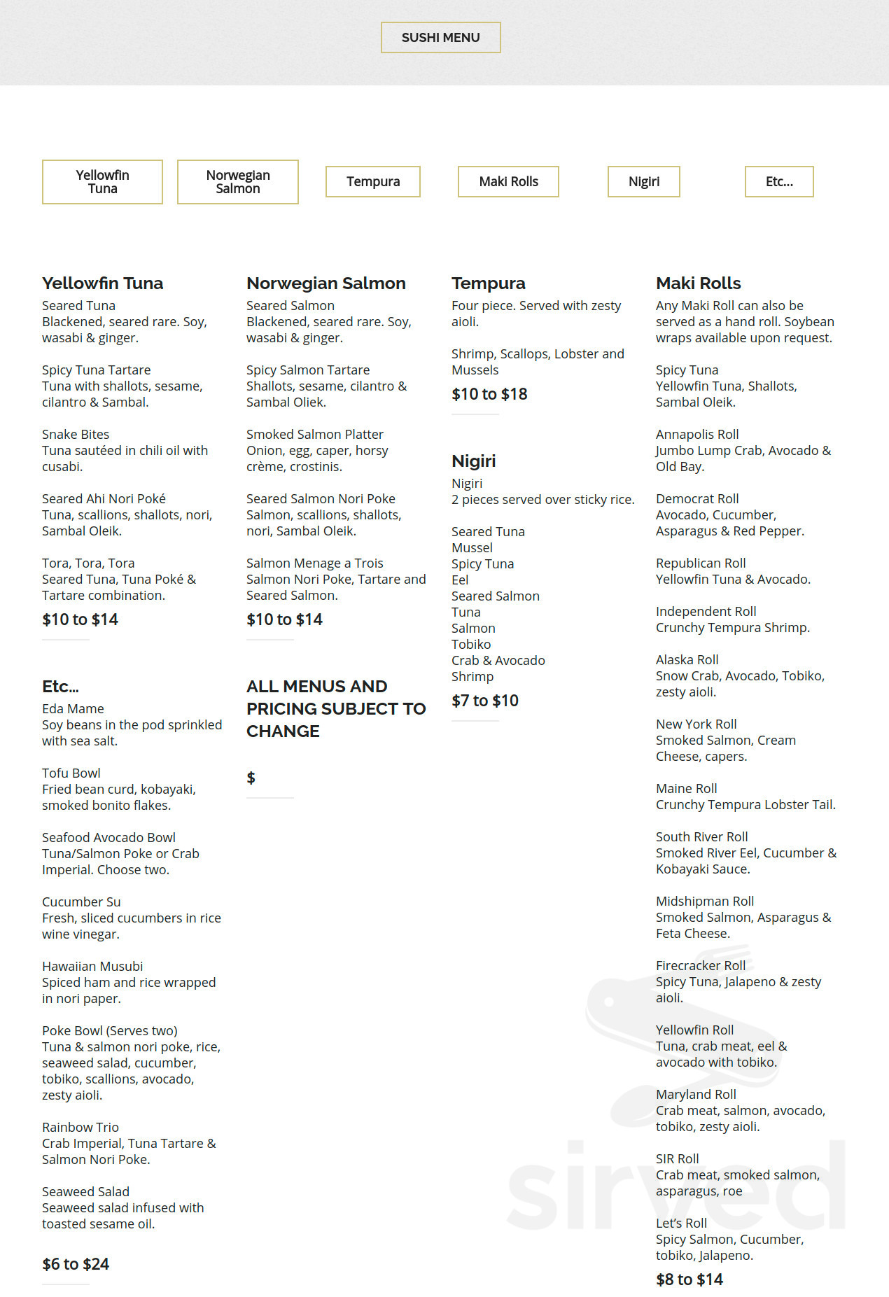 Yellowfin Steak & Fish House menu in Edgewater, Maryland, USA