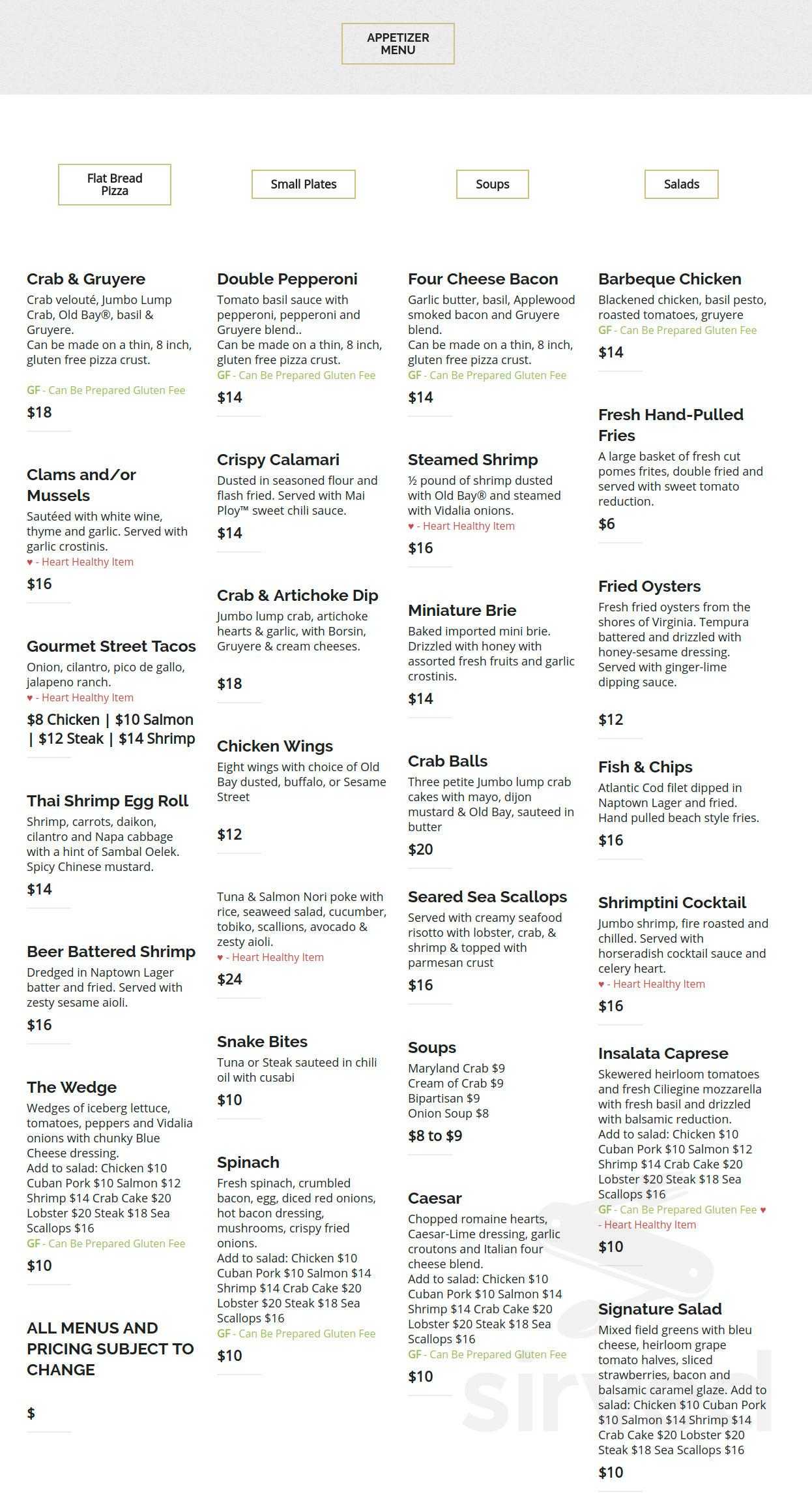 Yellowfin Steak & Fish House menu in Edgewater, Maryland, USA