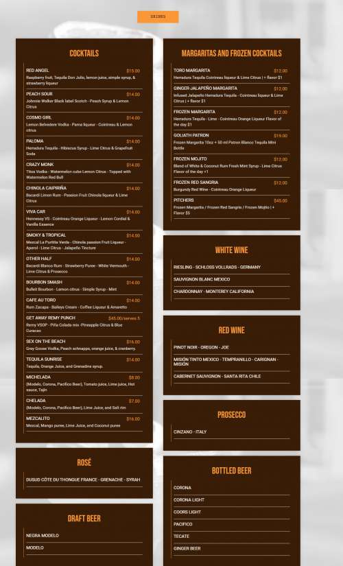 Viva Toro menu in Brooklyn, New York, USA