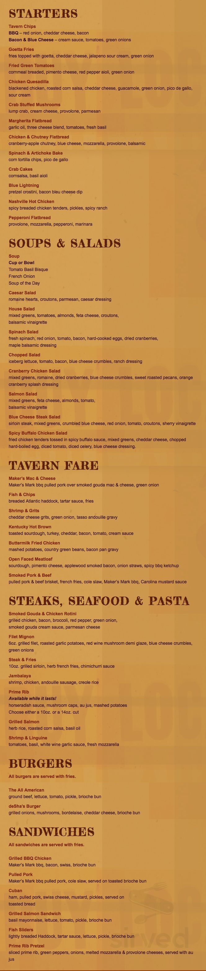 Menu for deSha's Cincinnati in Cincinnati, OH | Sirved