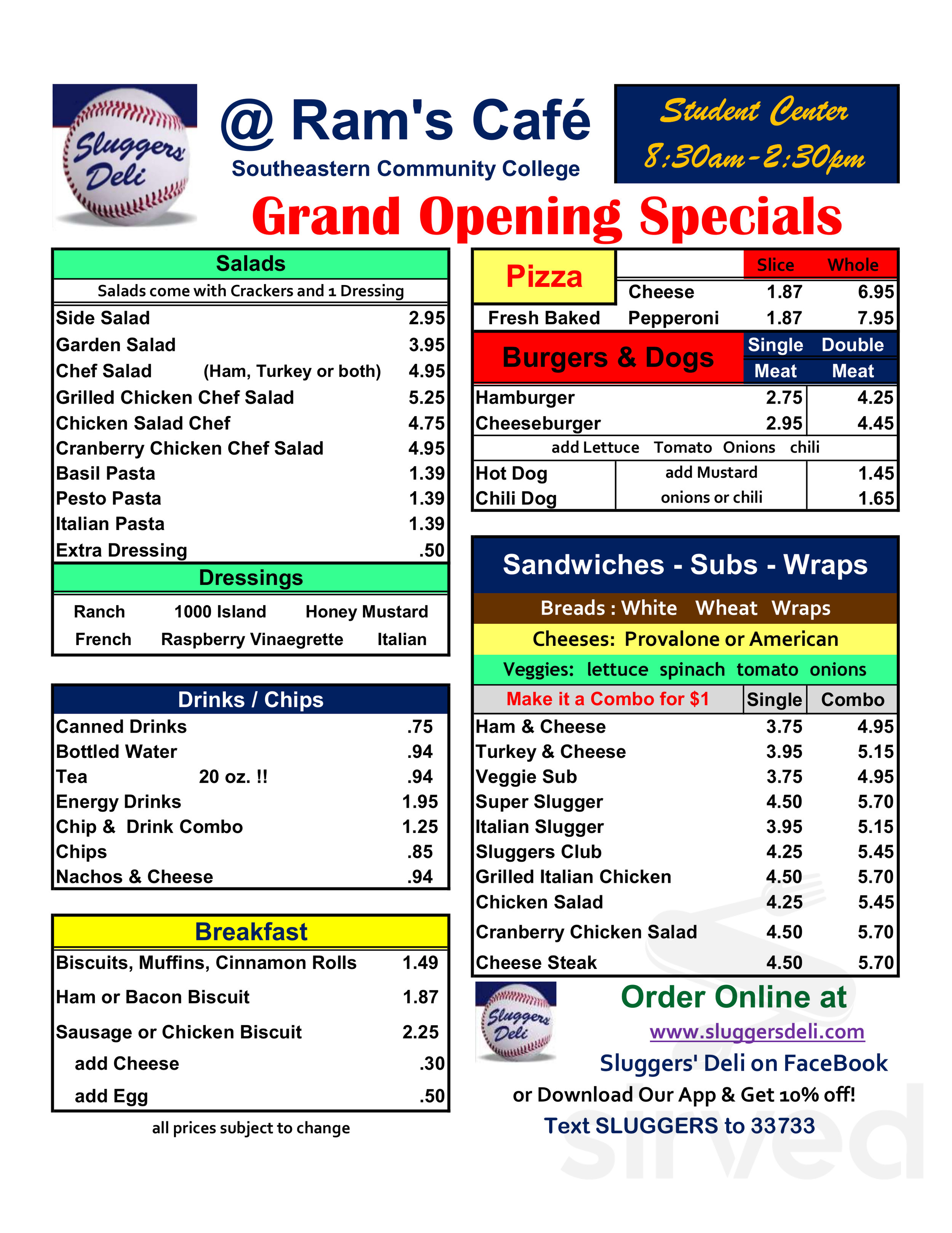 Sluggers' Deli menu in Whiteville, North Carolina, USA