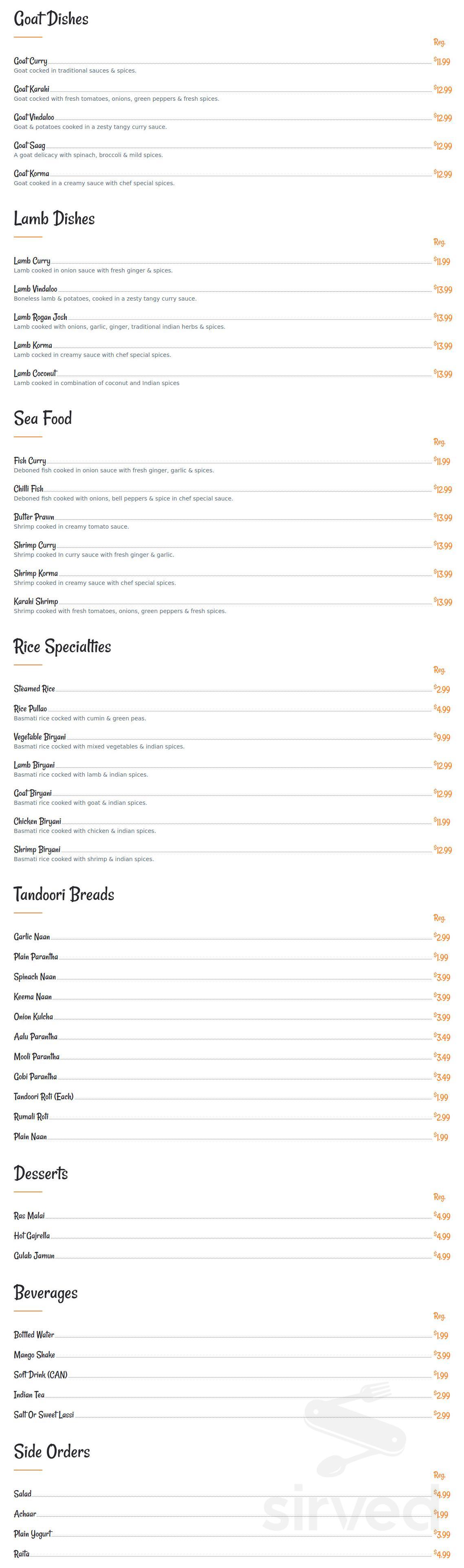 Mild Chili Indian Cuisine menus in Prince George, British Columbia, Canada