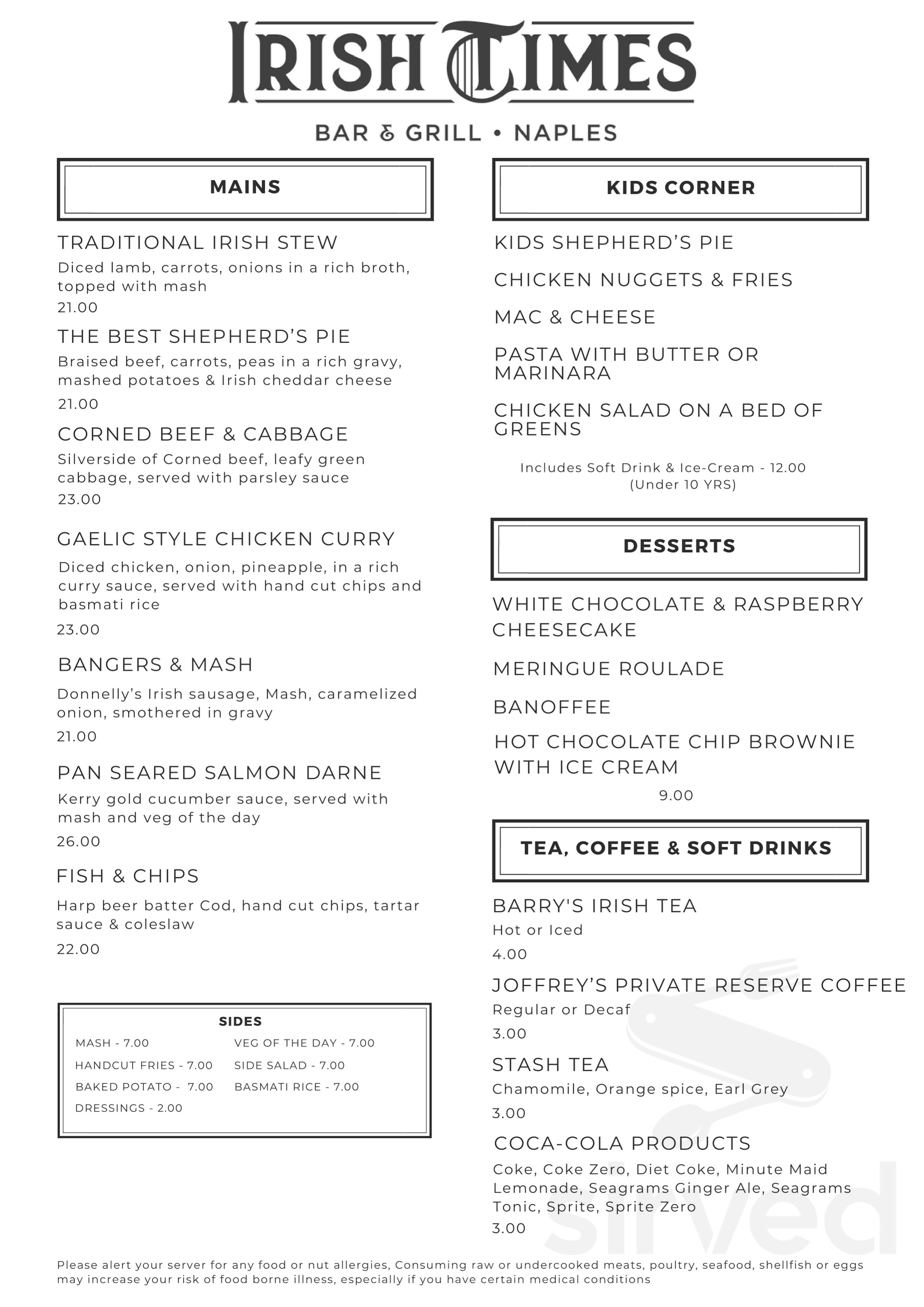 Irish Times Bar & Grill Naples menu in Naples, Florida, USA